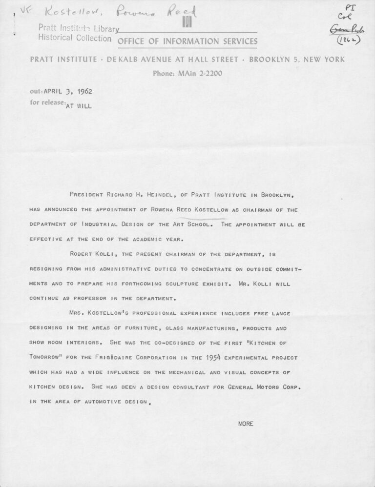 Press Release Announcing Rowena Reed Kostellow Appointment as Chair of ...