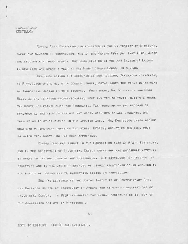 Press Release Announcing Rowena Reed Kostellow Appointment as Chair of ...